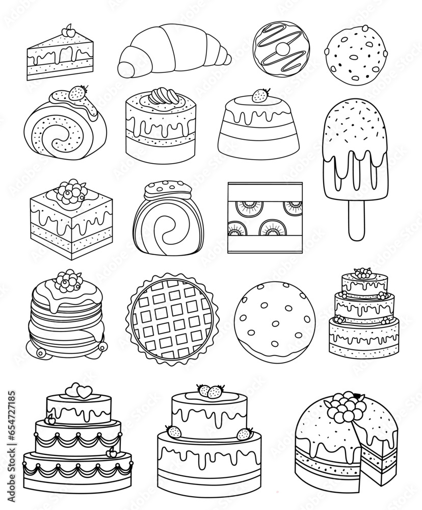 Set of outlines of delicious sweets and desserts. Cakes and pastry ...
