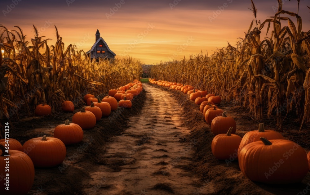 Pumpkin patch farm with a farmhouse, pumpkins, and corn maze Stock ...