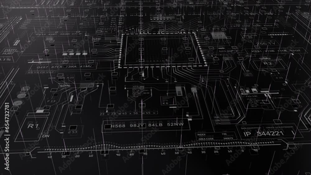 Technological motherboard electrical circuit HUD with programming text ...