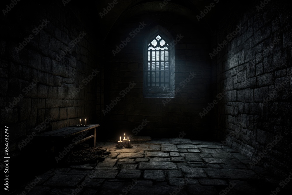 Foto de An eerie, gloomy dungeon room lit by three candles, with a ...