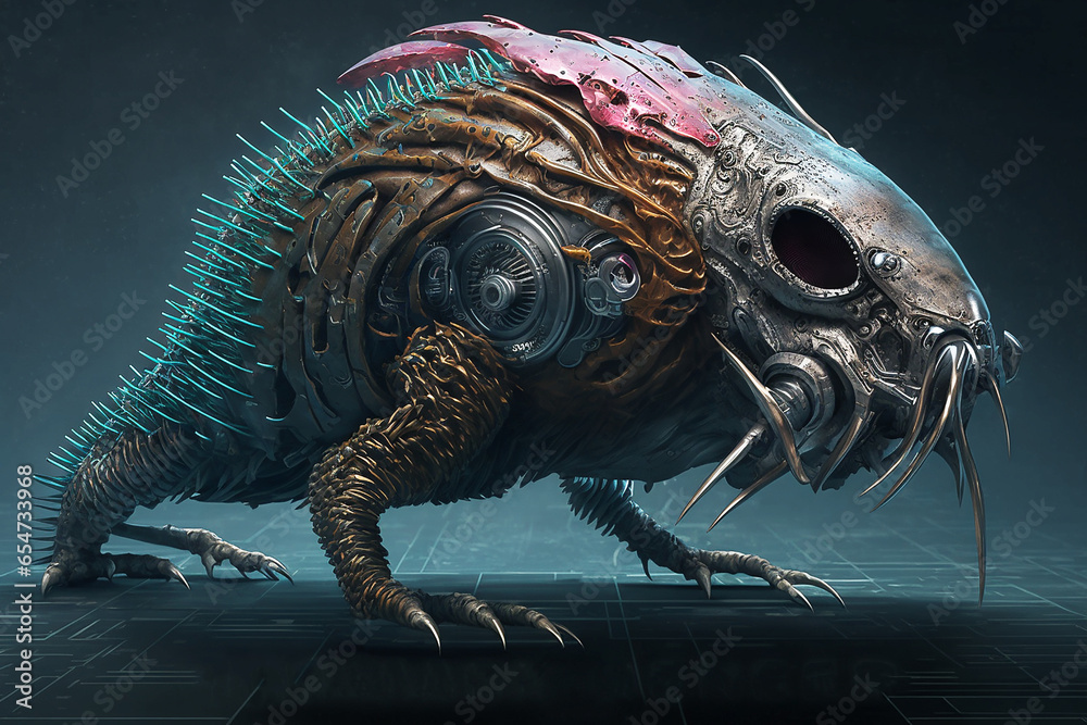 Black and gold metal steampunk rat like alien creature with thorns side ...