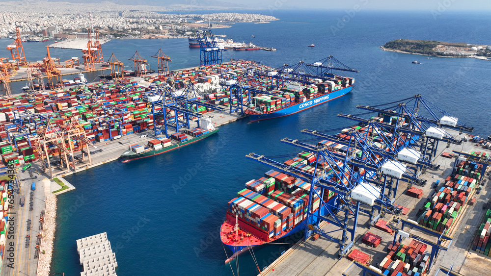 Aerial drone photo of industrial container logistics unloading import ...