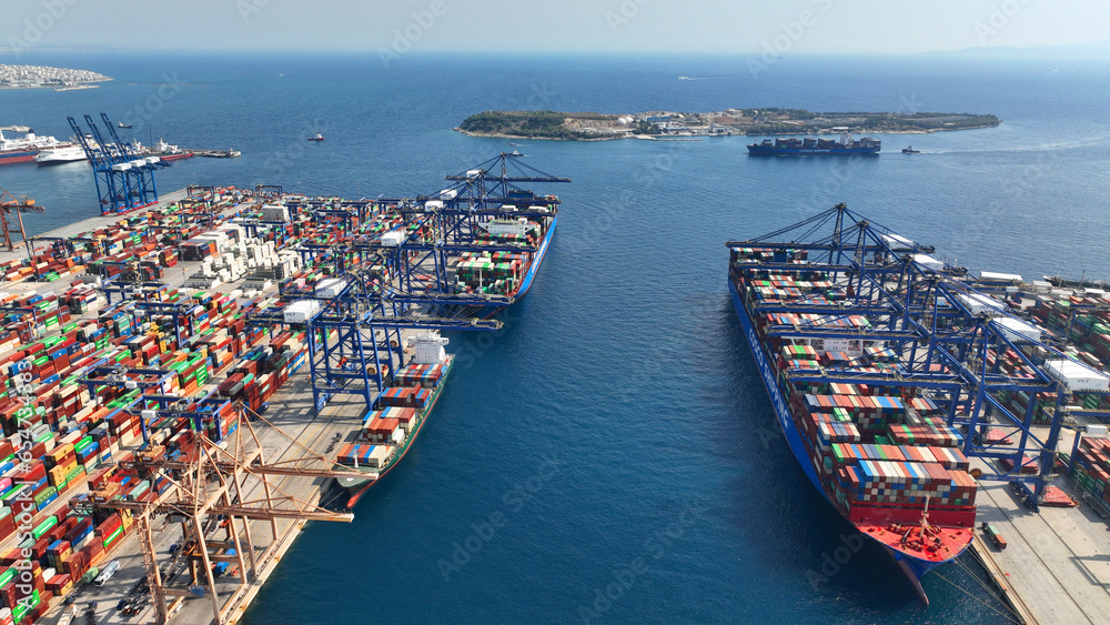 Aerial drone photo of industrial container logistics unloading import ...