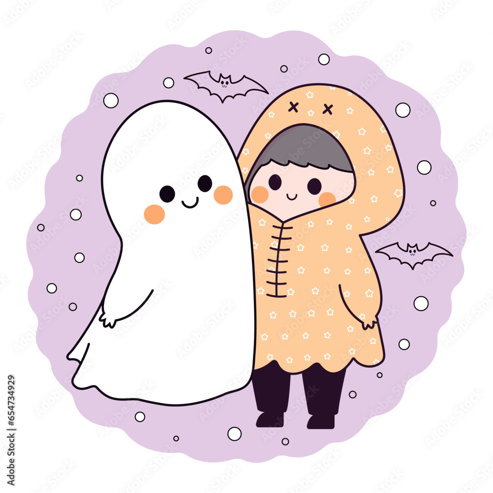 Halloween funny face ghost and boy in raincoat hug. Spooky holiday ...