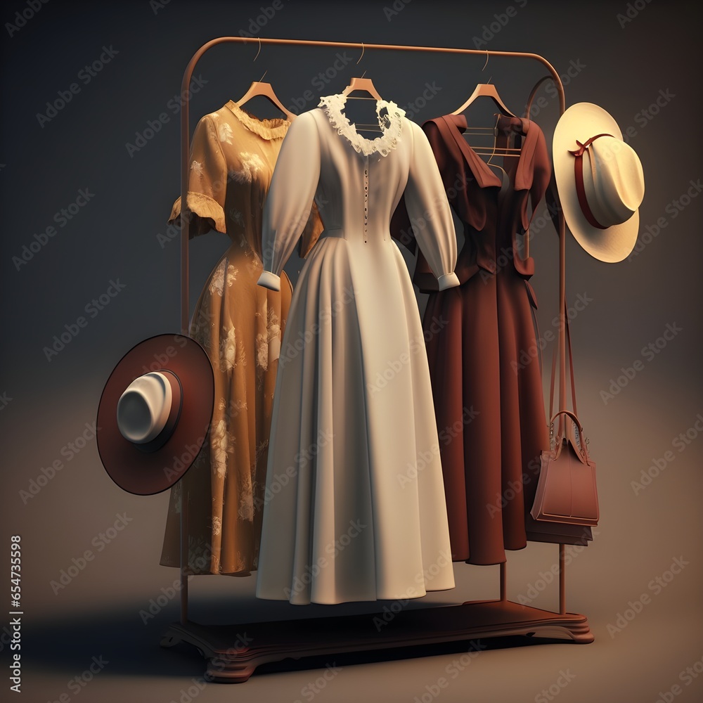 Vintage womens clothing and dresses on a rack extends across the screen ...