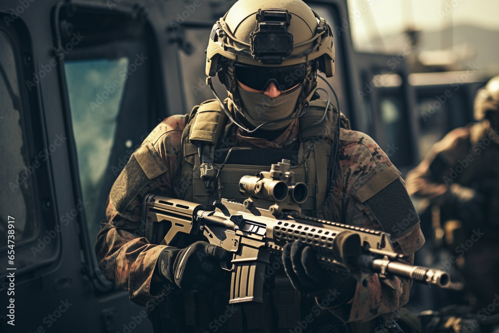 Fully equipped army soldier on a high-stakes mission, amidst the chaos ...