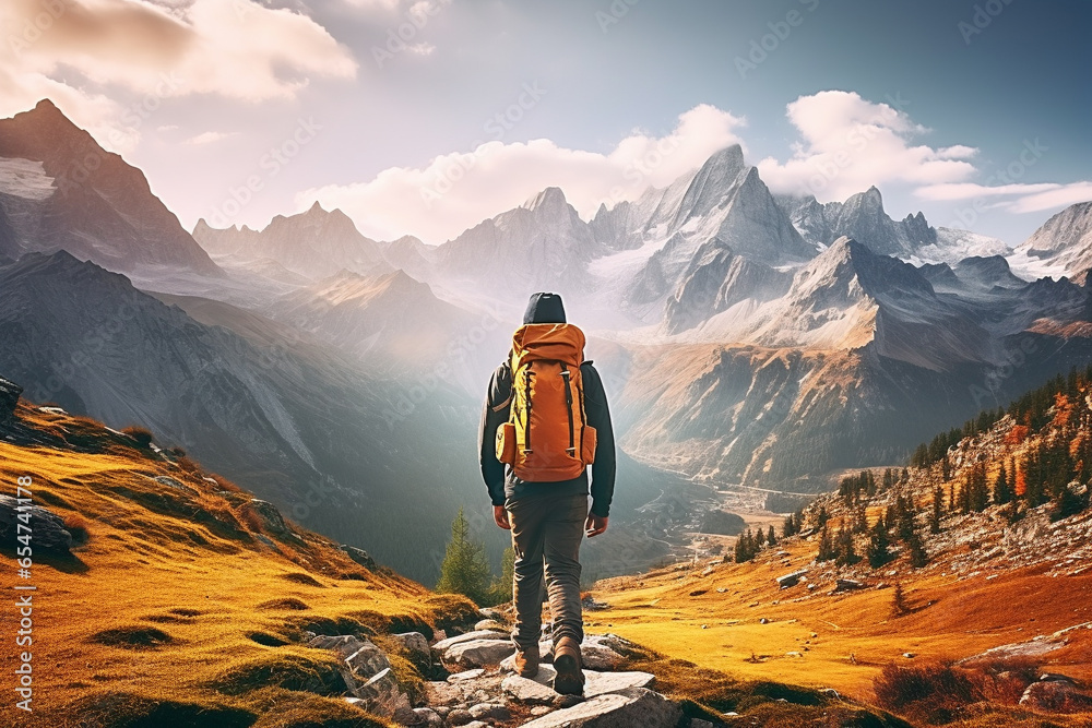 Beautiful mountain trail, where a male hiker embarks on an adventurous ...