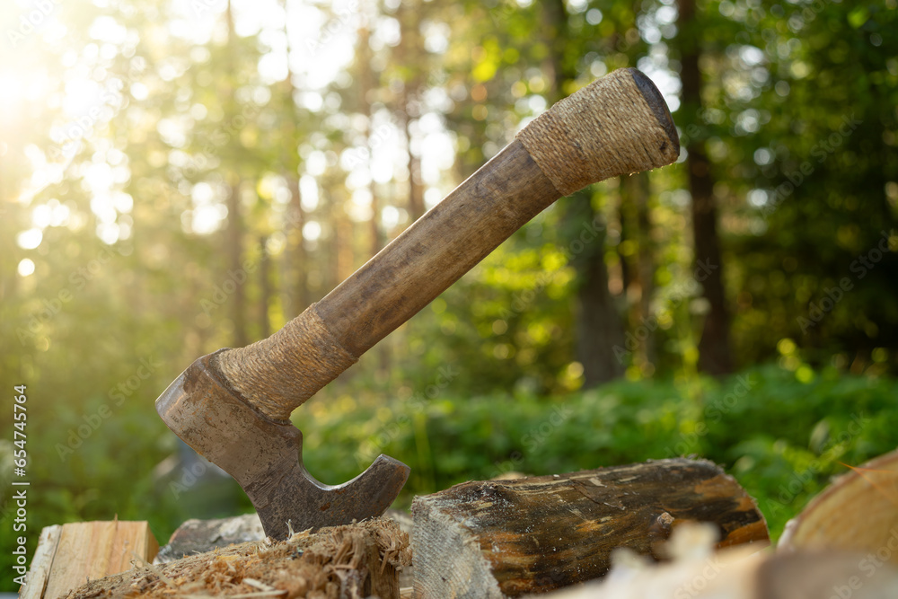 An axe with a wooden handle is stuck in a tree.Chop firewood on a hike ...