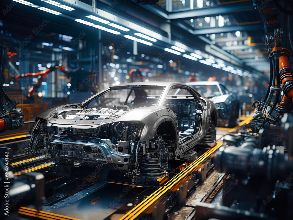 Automobile assembly line production. Car Factory. Automated Robot Arm ...
