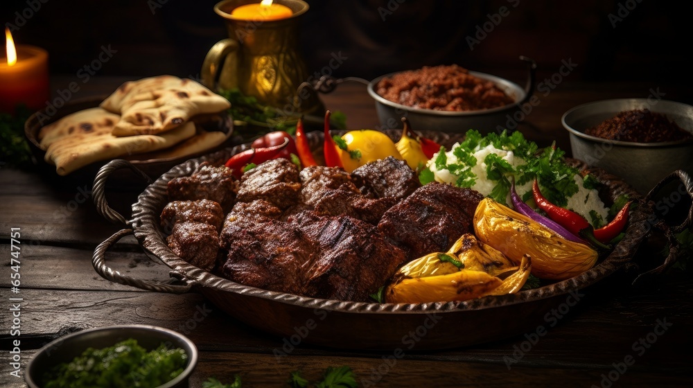 Arabic grilled arabic food dishes kebab, dolma, mansaf, shawarma ...