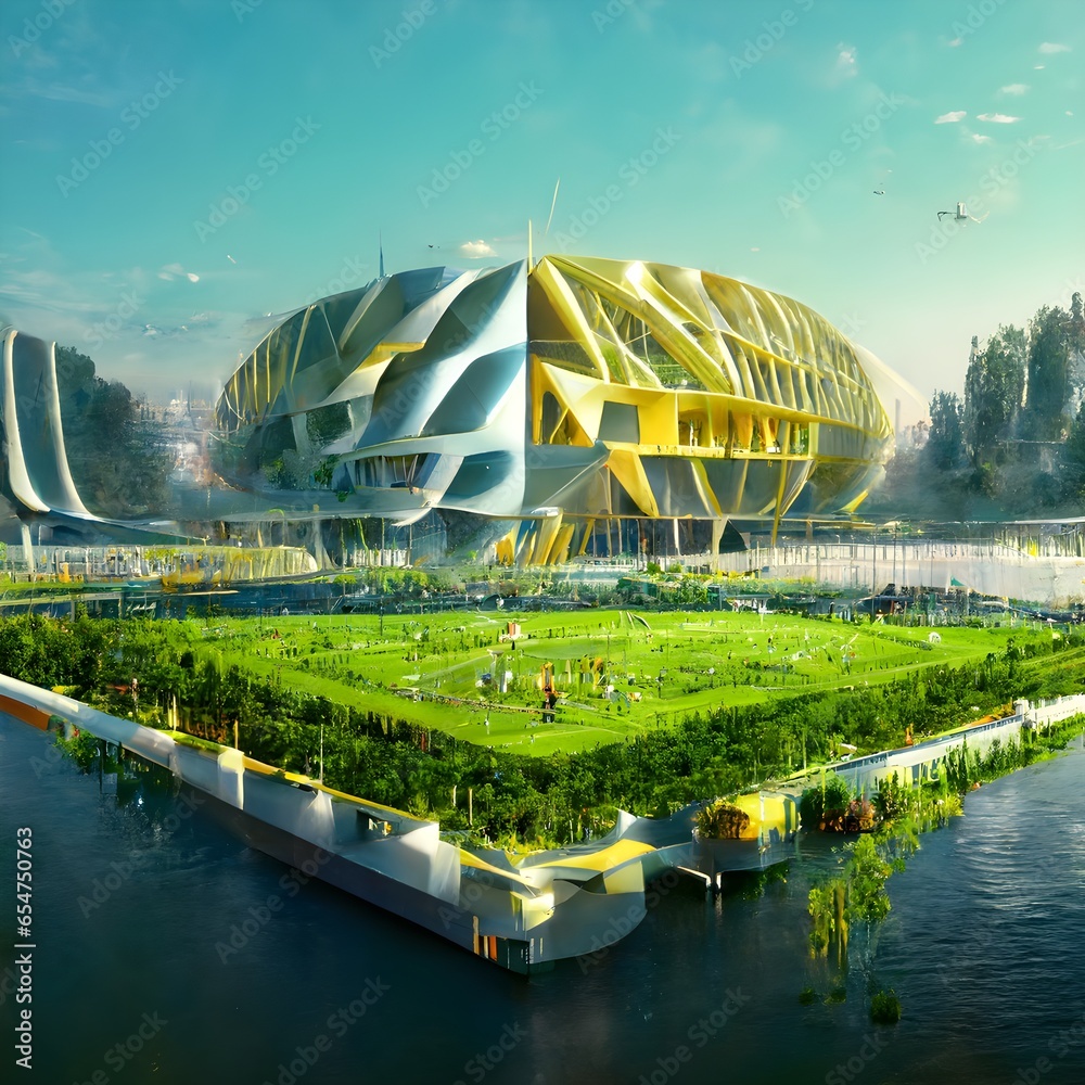 soccer stadium in a urban skyline exterior view facade with a ...