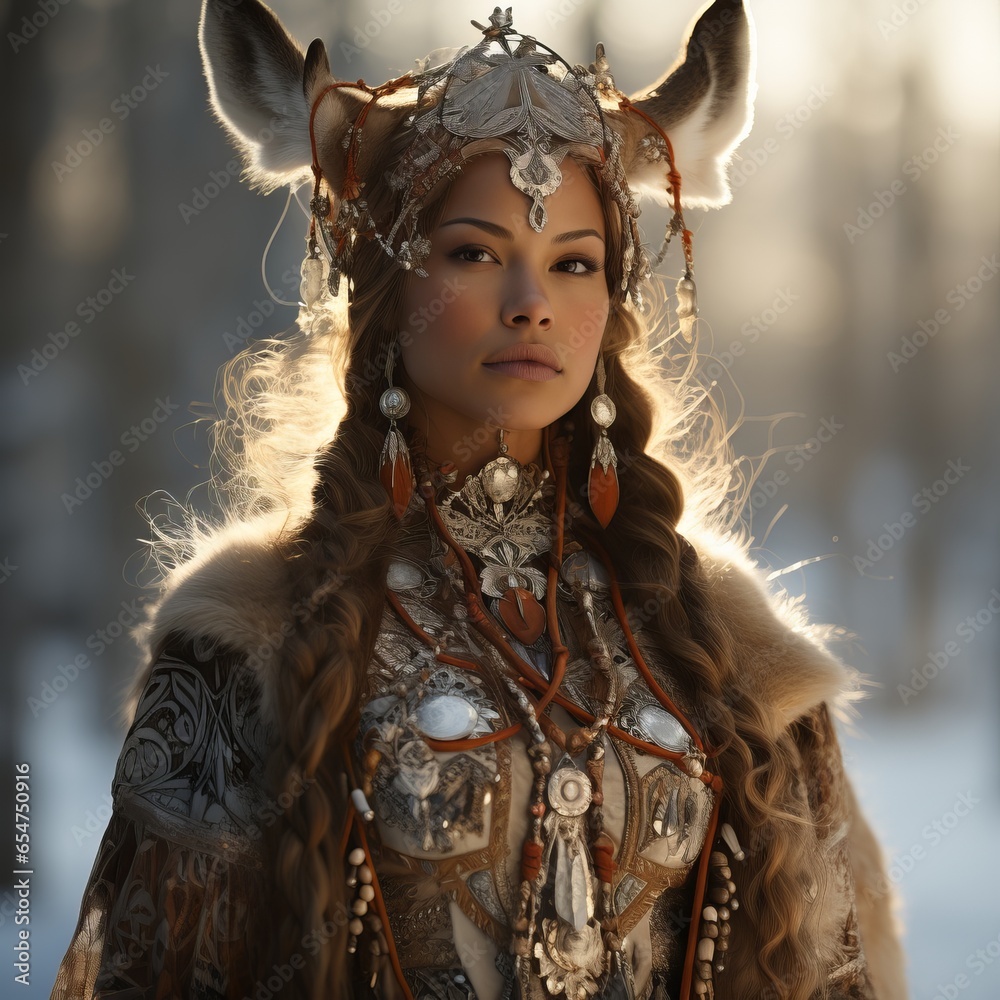 Northern shaman with deer antlers. A woman in a long robe performs a ...