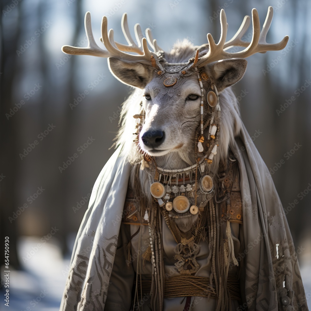 Northern shaman with deer antlers. A woman in a long robe performs a ...