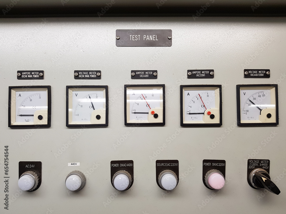 Electrical test panel with voltage and amper meter Stock Photo | Adobe ...