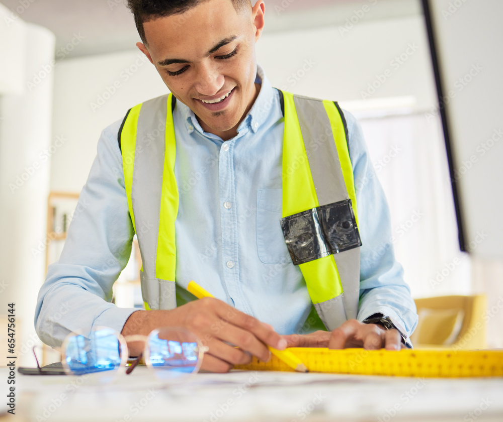 Engineering, man and blueprint paper for planning office building ...