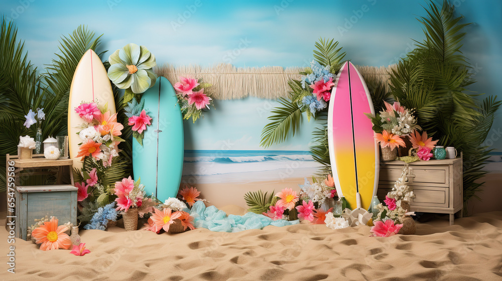 Beach Themed Photo Booth With Backdrop Of Sand, Surfboards, Beach Balls ...