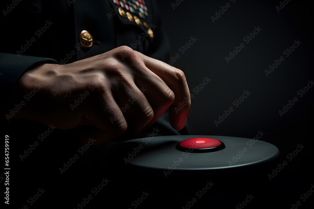 Hand of a military officer pressing a button on a black background ...