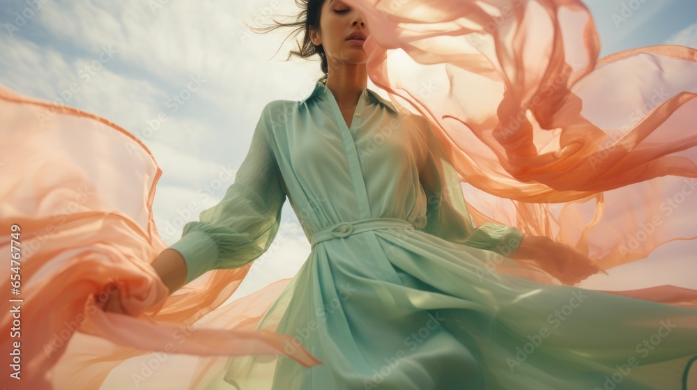 attractive girl running down the street in a pastel peach fuzz color ...