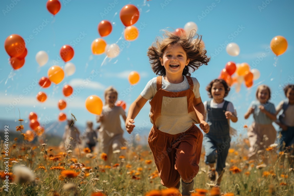 A playful scene of children chasing after a bunch of helium balloons ...