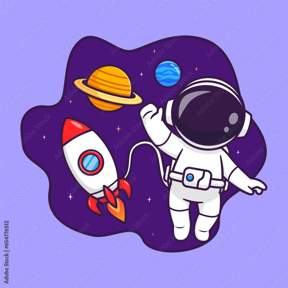 Cute Astronaut Floating In Space With Rocket And Planet Cartoon Vector ...