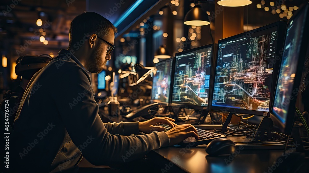 A focused software engineer typing lines of code on multiple screens in ...
