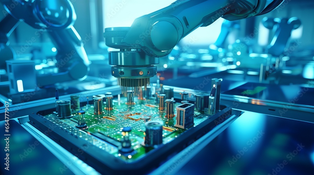 advanced robot arm in high-tech electronics factory: precision ...