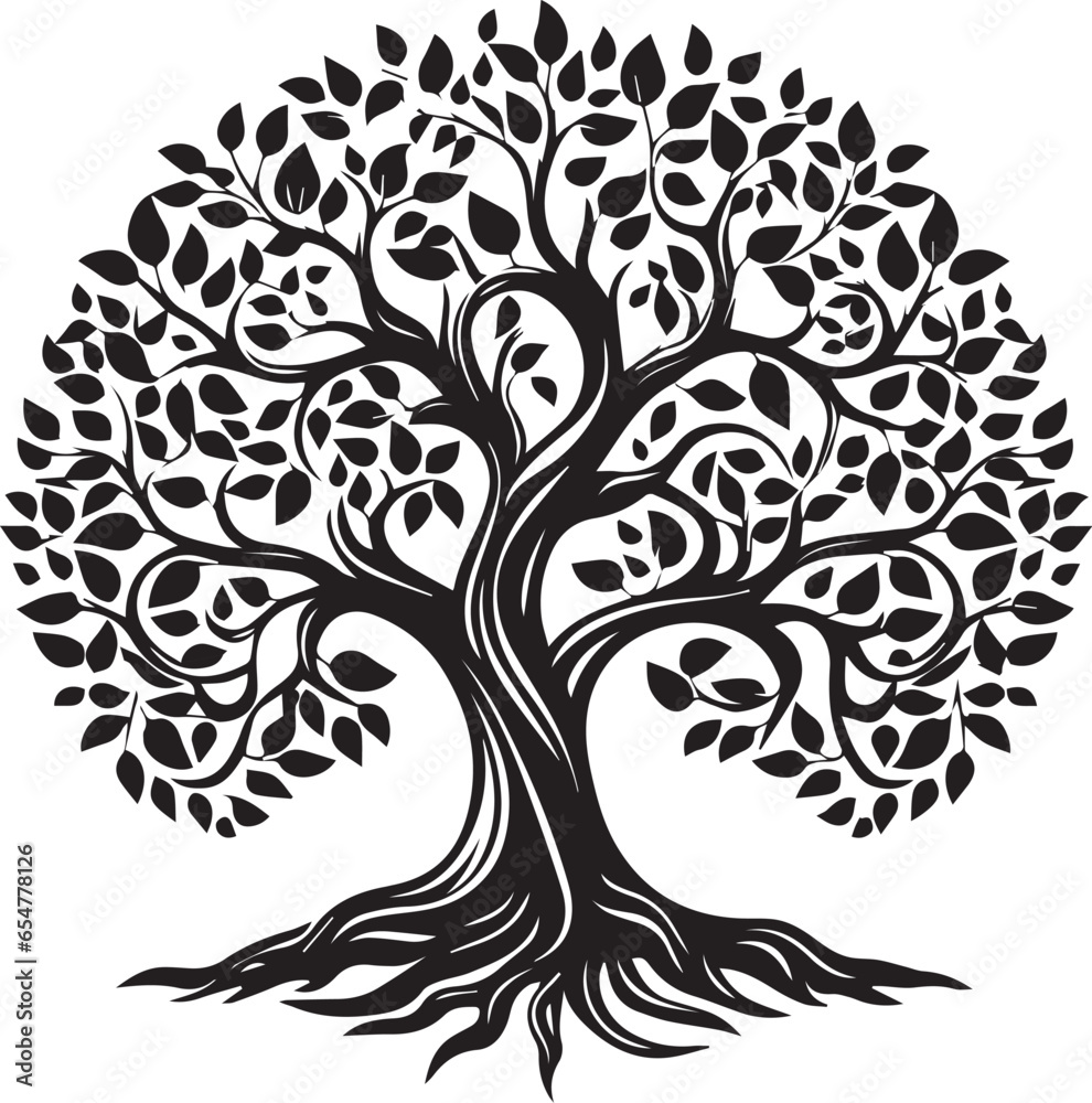 Tree with roots silhouette. Black and white tree silhouette for ...