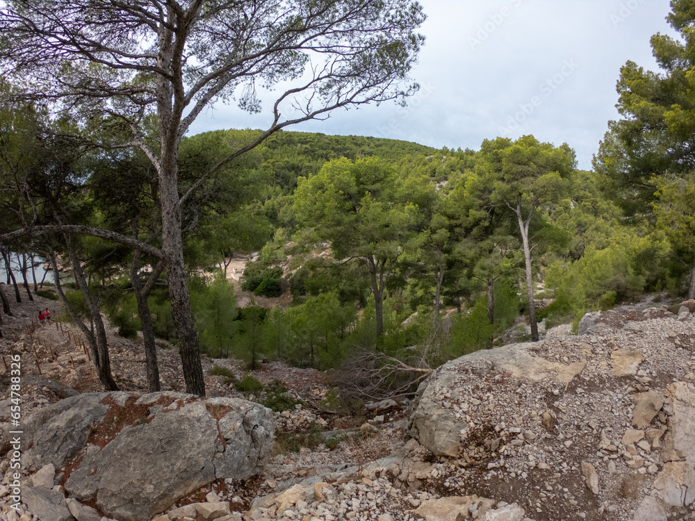 Rocky hiking path in mountain range Massif des Calanques near Cassis at ...