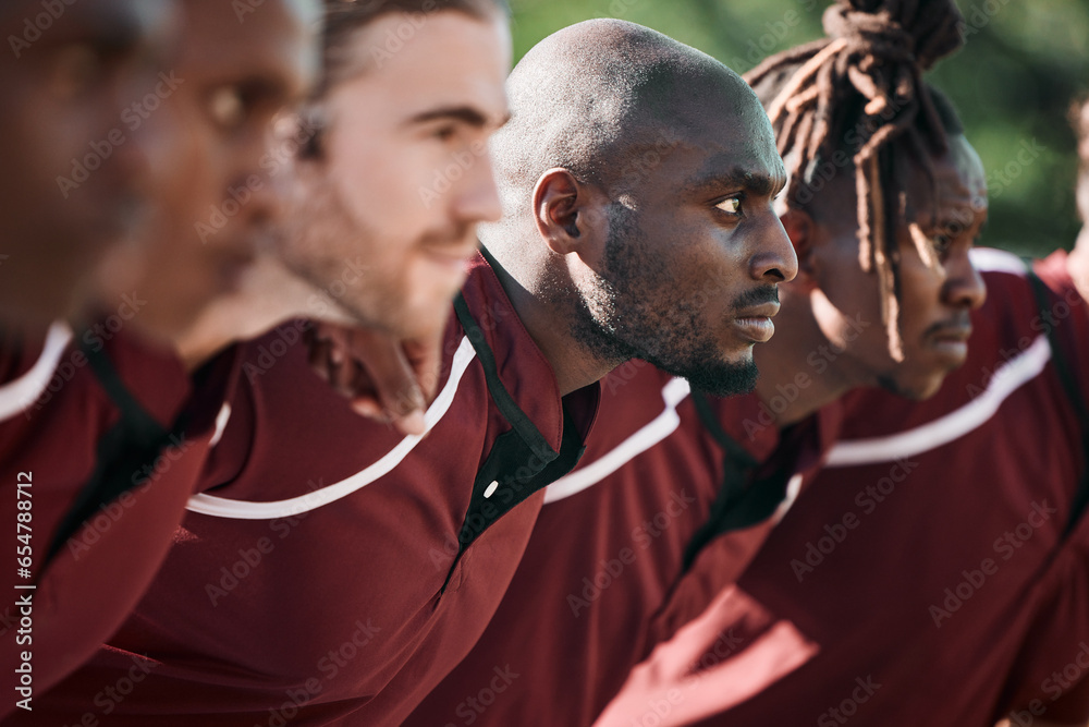 Scrum, rugby and men with commitment, game and fitness with support ...