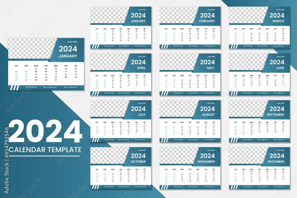 Set of Monthly pages desk Calendar Planner Templates 2024 with Cover ...