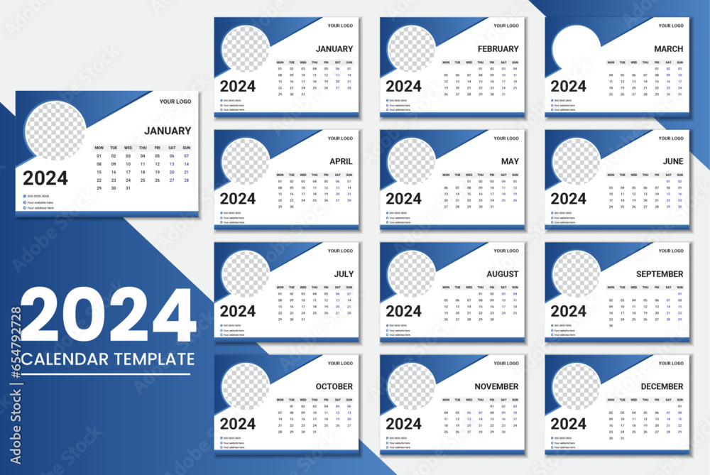 Set of Monthly pages desk Calendar Planner Templates 2024 with Cover ...