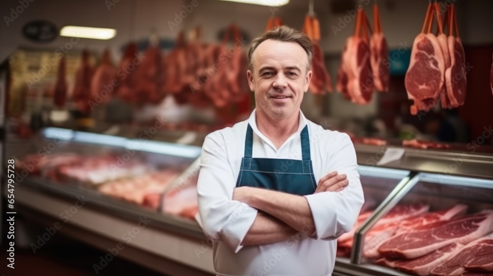Butcher working behind counter in butchery. Stock Photo | Adobe Stock