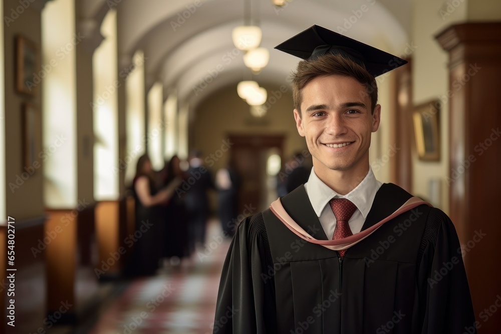 Joyful young man at graduation, donning his cap, captures the ...