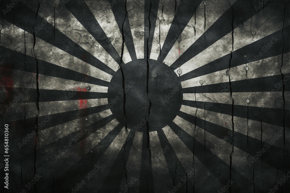 Japans flag in stark black against a textured, dark concrete backdrop ...