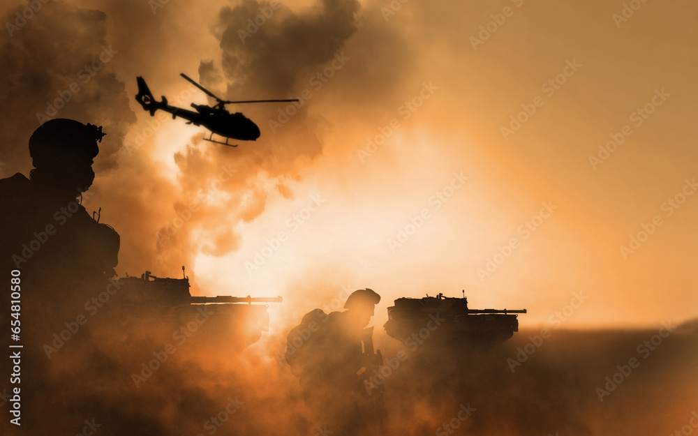 War, explosion and helicopter, soldier silhouette on battlefield with ...