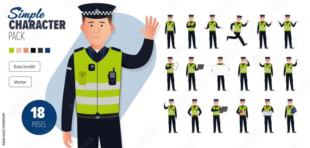Simple flat police man officer vector character in a set of multiple ...