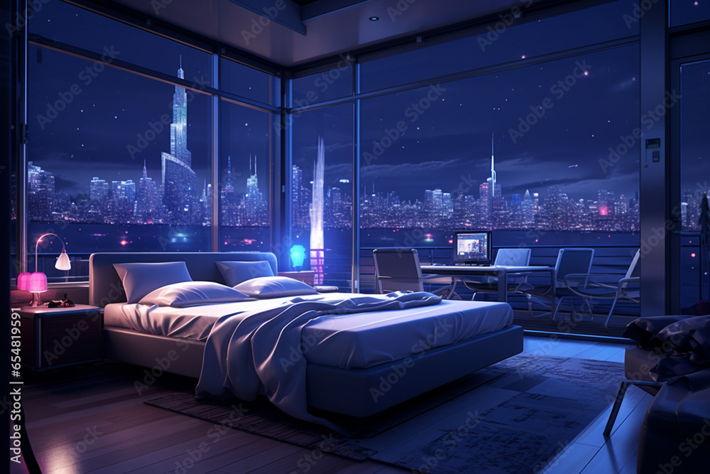 an image in the anime art style, of a bedroom interior with a panoramic ...