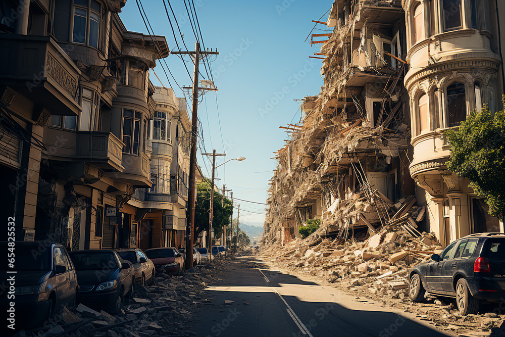 Generative AI picture of a city and buildings destroyed by war or ...