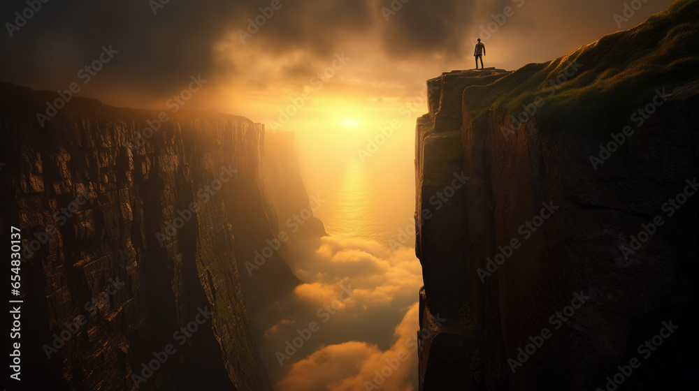 Man at the edge of a dangerous cliff at sunset, with ocean at the ...