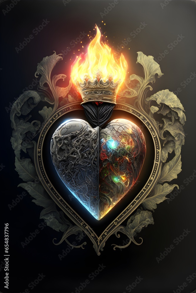 prismatic sacred heart engraved in the middle engulfed in flames made ...