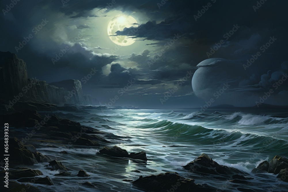 an artwork of a vast sea beneath an overcast sky with a glowing moon ...