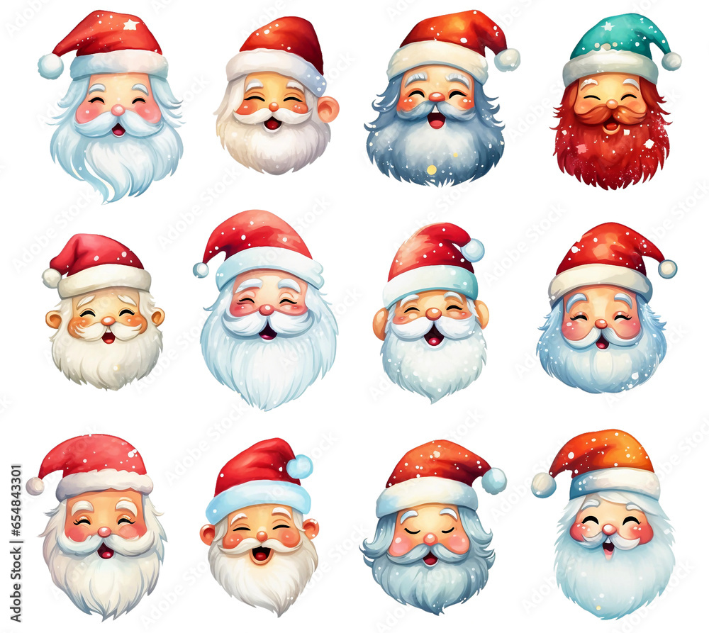 Collection of Santa Claus faces, icons isolated on white background ...