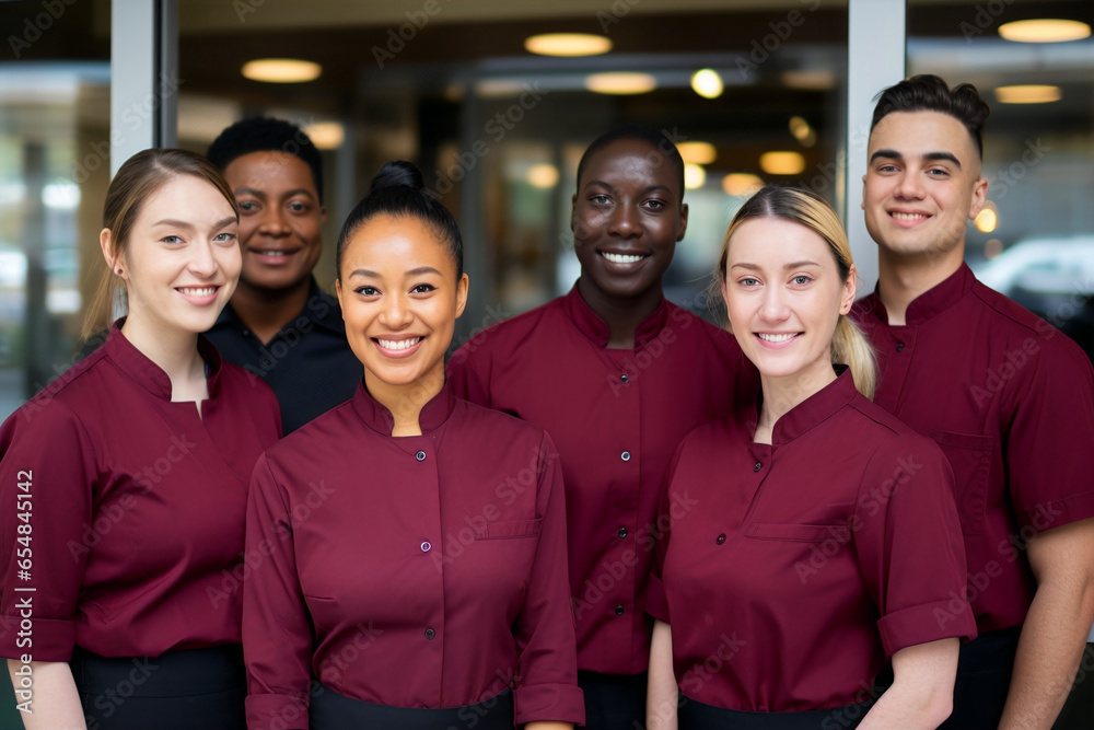 diverse staff members wearing burgundy uniform in group team photo ...