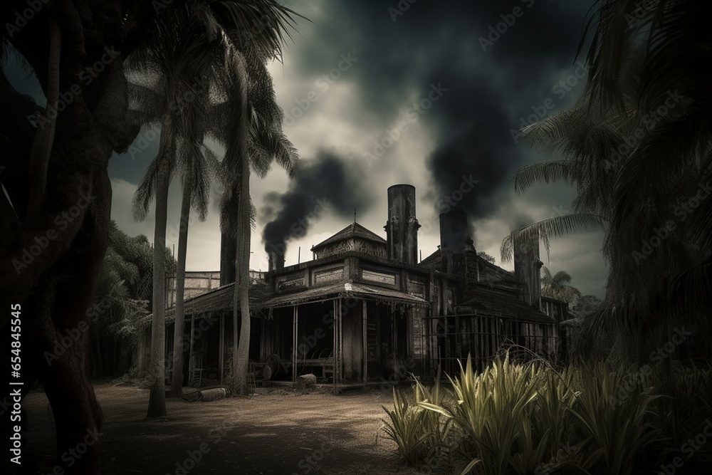 Dark rendition of an ancient sugarcane factory emitting smoke columns ...
