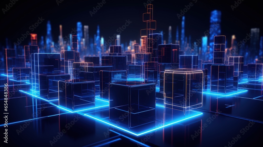 Cyber city in virtual reality with neon abstract cubic shapes ...