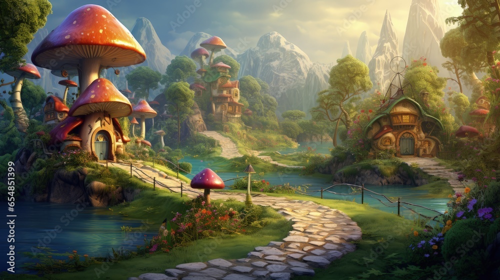 Illustration of a fantasy village in a magical forest landscape with ...