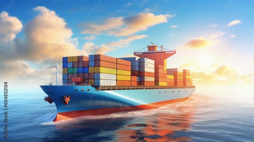 Aerial view of a smart cargo ship transporting containers from a depot ...