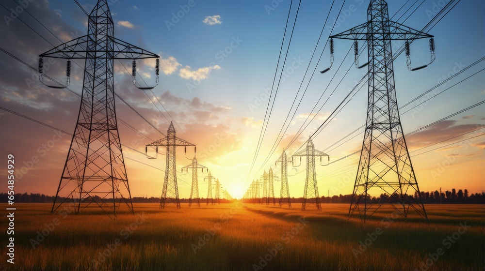Plakát Sunrise solar power concept high voltage pylons transfer ...