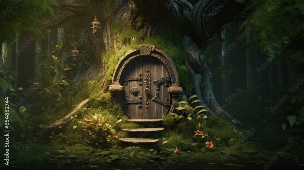 Wooden Door In Tree Trunk Dark Forest Background Tree House In Green