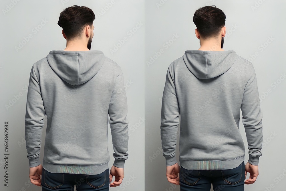 Young man wearing long sleeve hoodie sweatshirt Side view, back and ...
